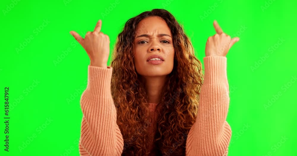 Angry young woman, middle finger and green screen with frustrated face ...