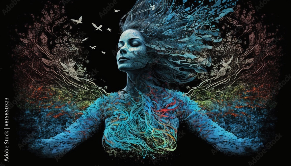 An abstract portrait of a powerful woman mother nature with elements of ...