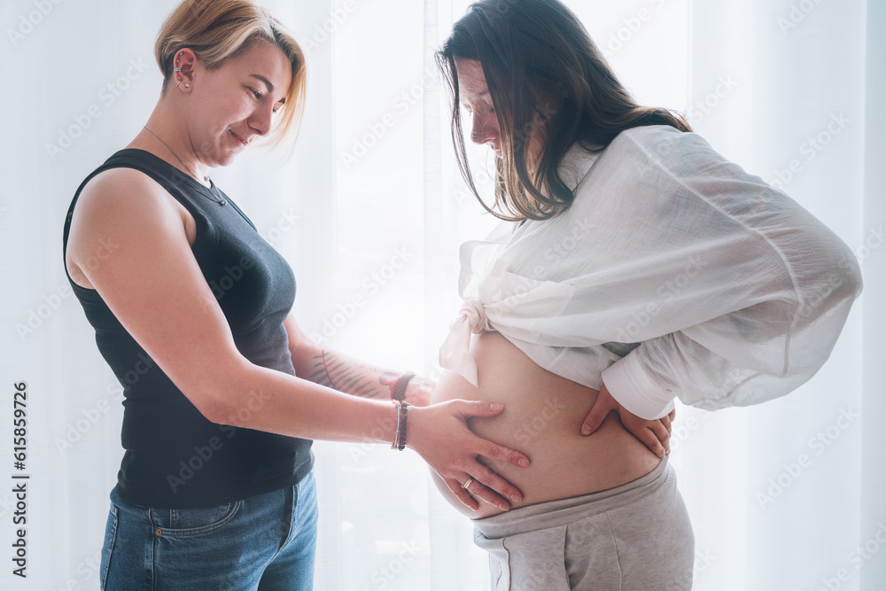 Young Woman Tender Touching Partners Female Pregnant Belly Same Sex