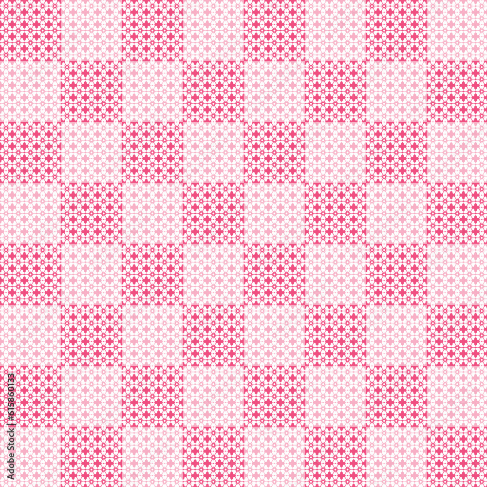 Seamless gingham pattern with bright coloured flowers with pink ...