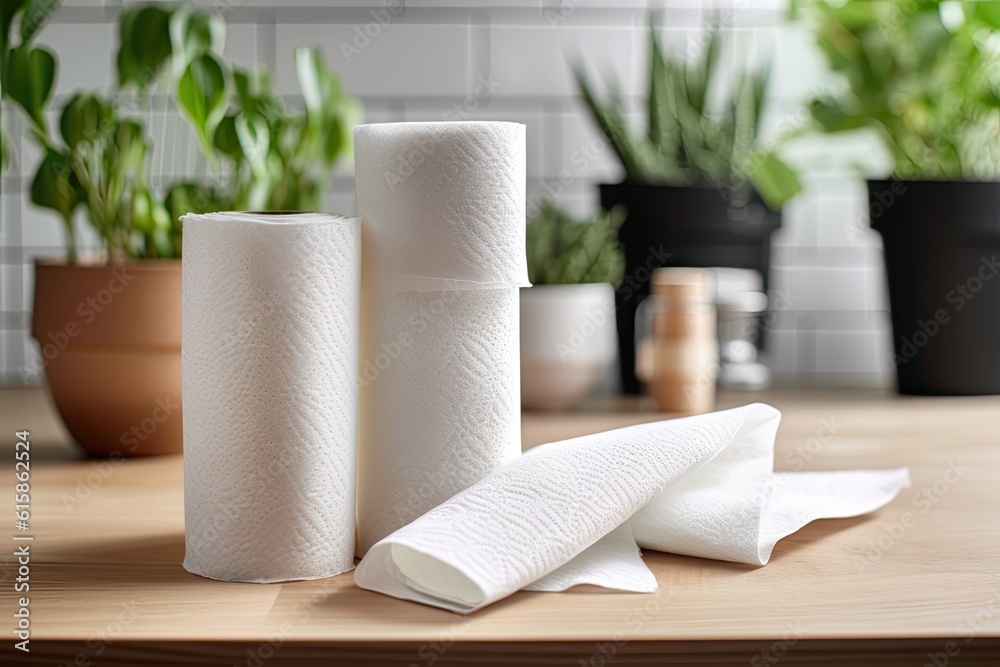 Paper towel montage mockup on a white table indoors with copy space for ...