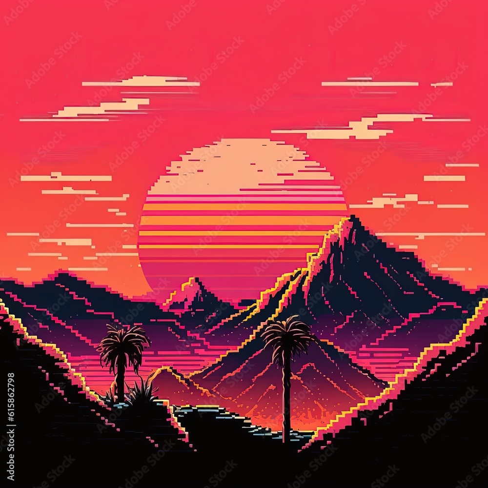 8 bit Sunset with Mountains Trees and Clouds in Pink and Orange Colours ...