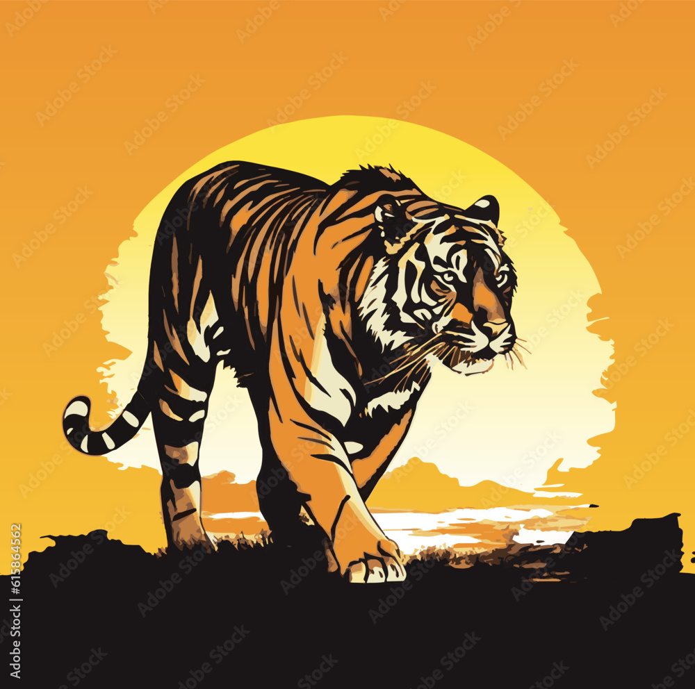 Tiger signs - vector illustration. Tiger on sunset background. T-shirt ...