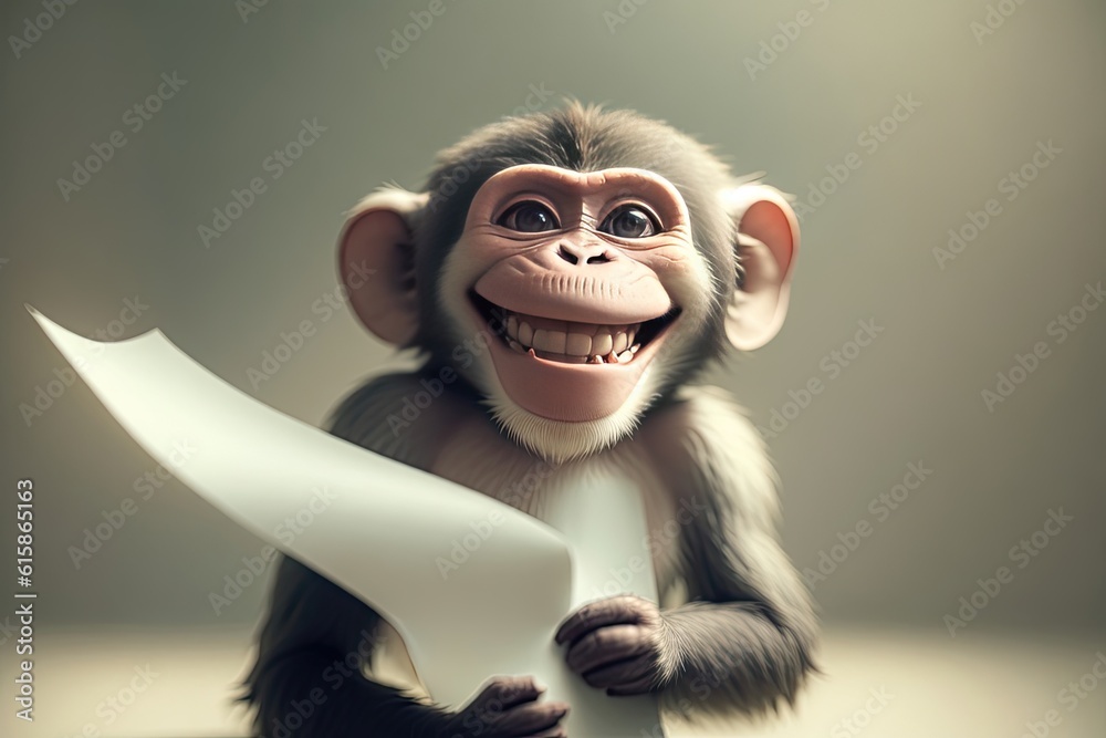 Portrait , one little brown monkey smile and is happy, funny, hold ...
