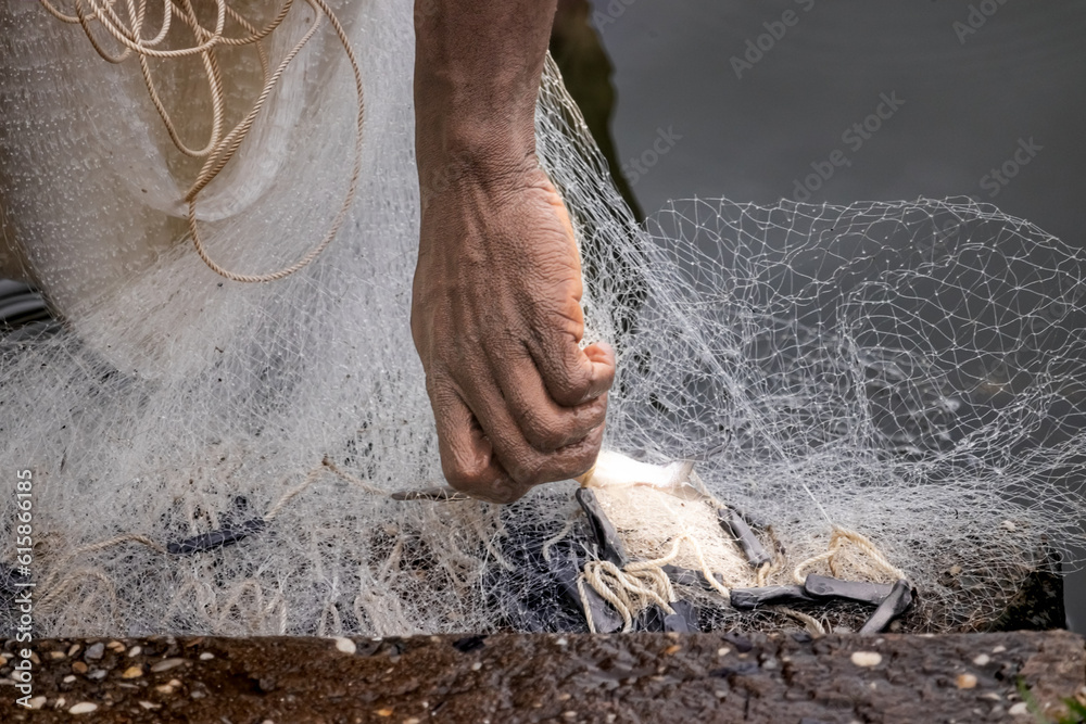 Foto de A young boy with a fishing net stands shirtless in a river ...