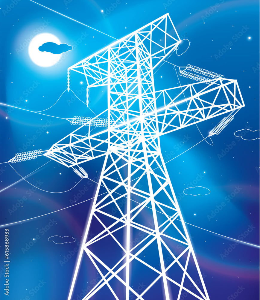 High voltage transmission systems. Electric pole. Neon glow. Energy ...