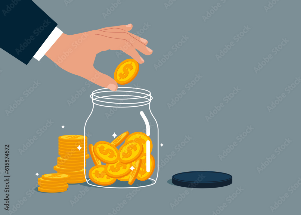 Collect Golden Coins into Huge Glass Jar. Businessman Make Savings ...