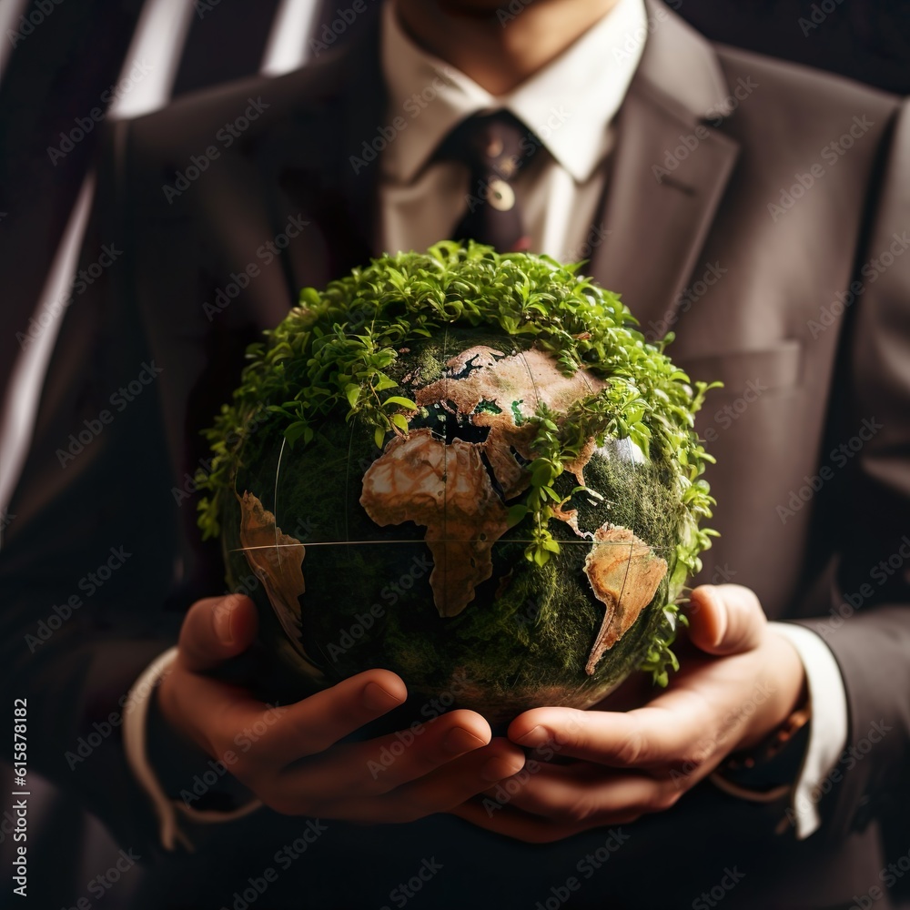 Un empresario sosteniendo un mundo verde. Concepto de conservación de ...