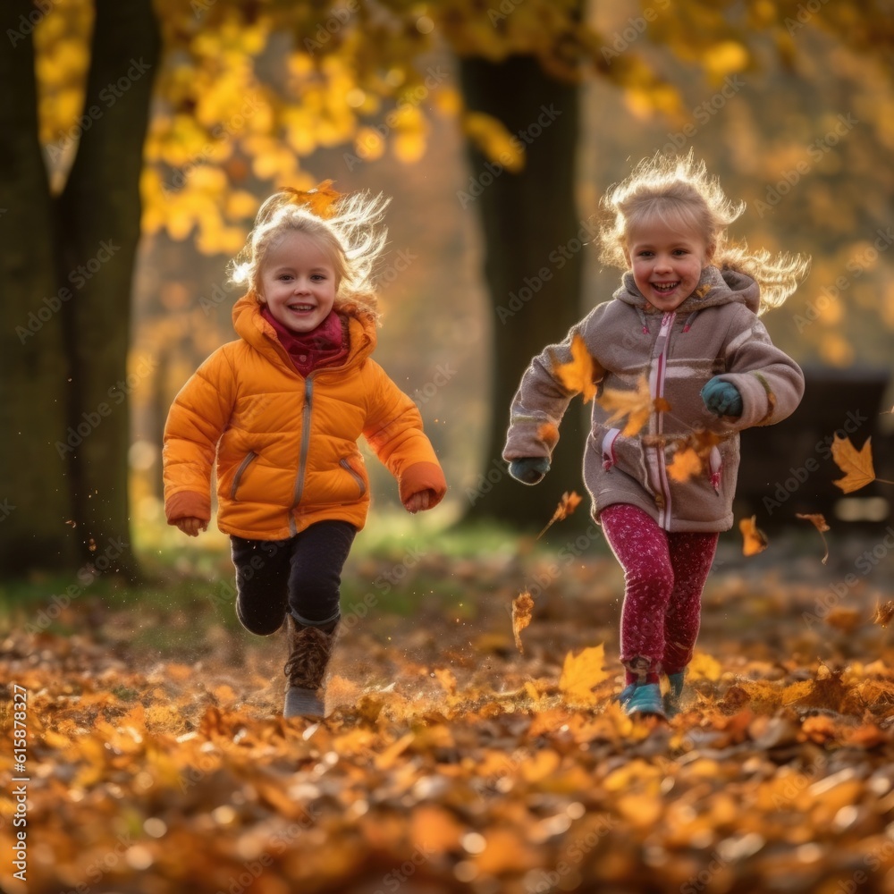 Happy children play on a nature walk outdoors between trees with autumn ...