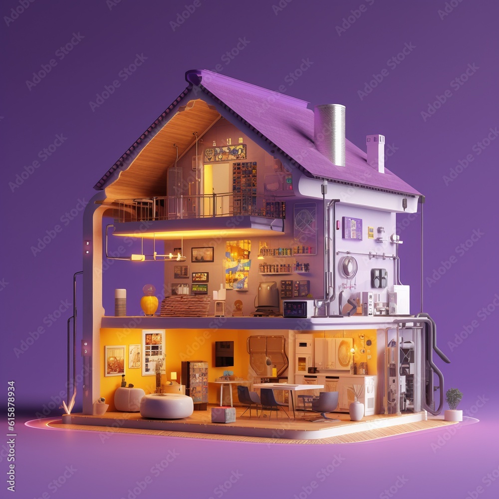 Smart Home mesh network. Home automation grid. Cross section of a house ...