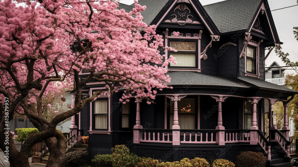 black victorian house with pink blossoms on its roof, in the style of ...