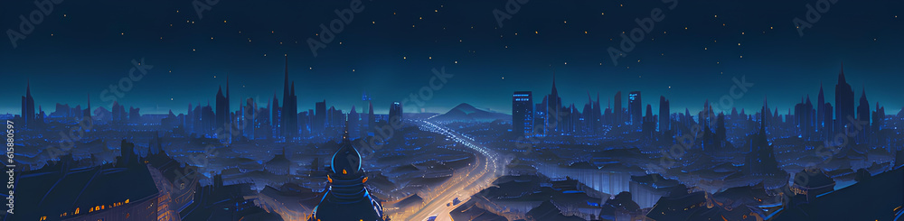 Panorama of a night city with a starry sky, 2d illustration from a bird ...