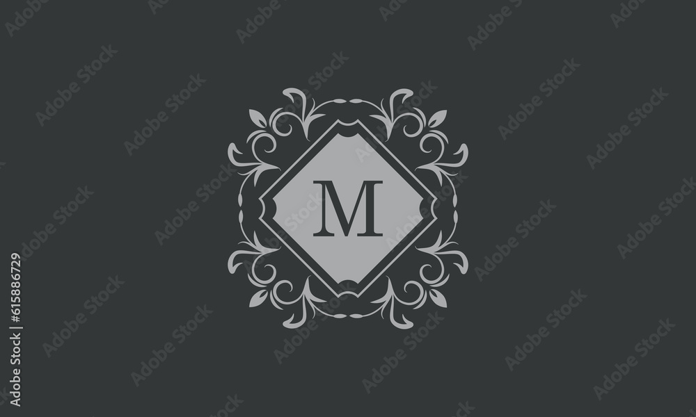 Floral frame with calligraphic elements, letter M. Template for signs ...