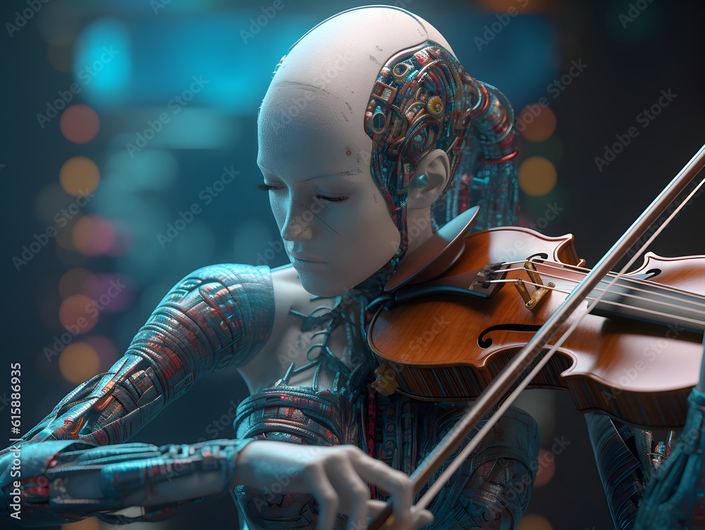 Female AI robot musician playing violin. Futuristic entertainment on ...