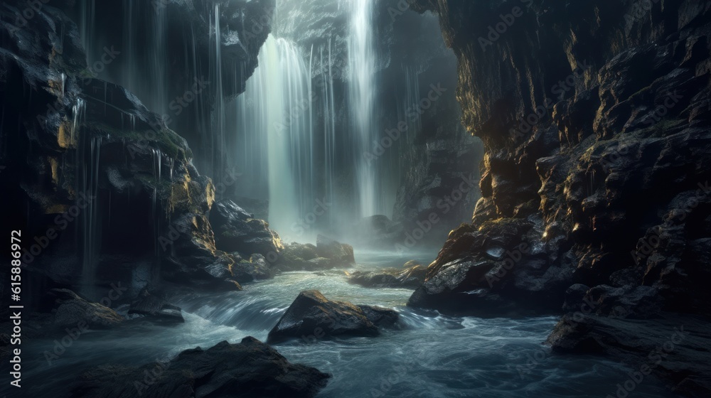 A mesmerizing river cascades in a reverse direction, shimmering and ...