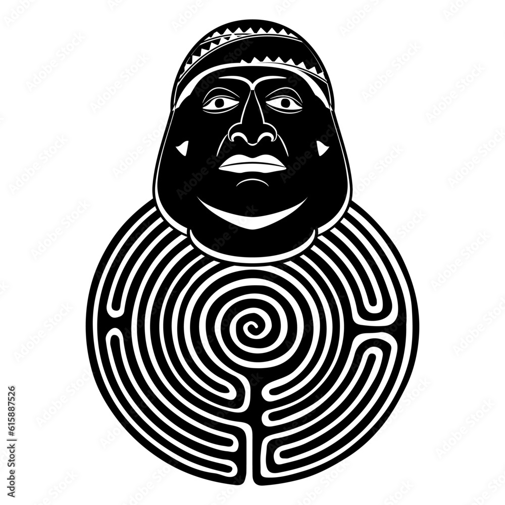 Head of a Moche man on top of a round spiral maze or labyrinth symbol ...