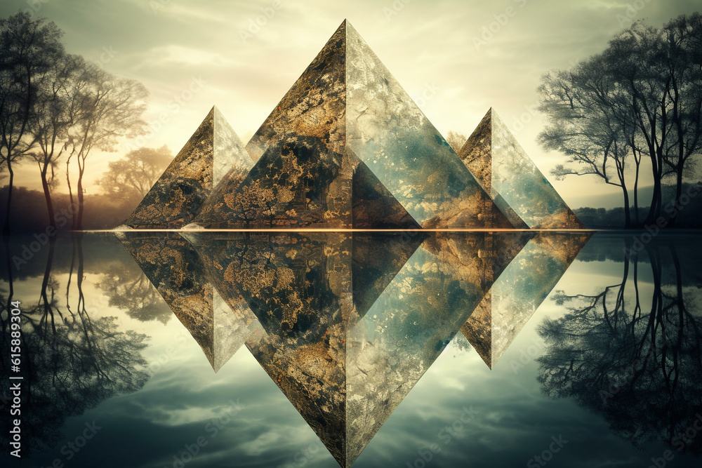 Various geometric shapes in nature surreal landscape background with ...