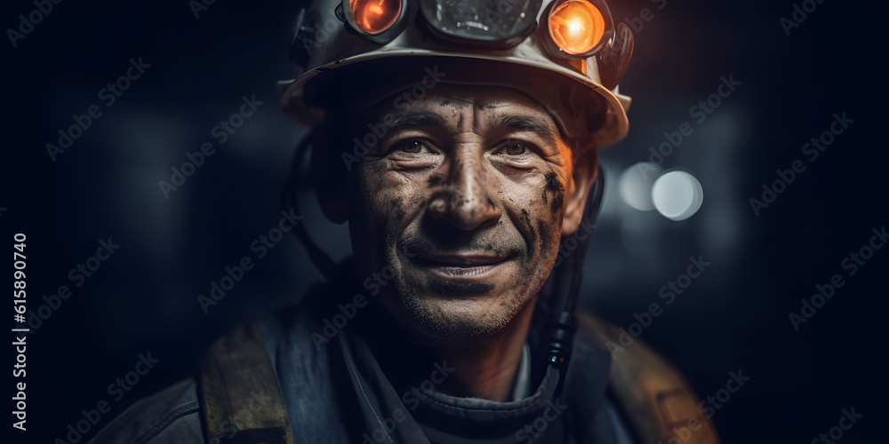 Portrait happy man miner with headlamps entering underground coal mine ...