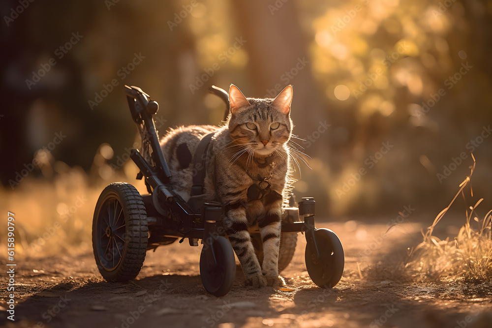 Handicapped cat in wheelchair at park, pet disabled walk in summer day ...