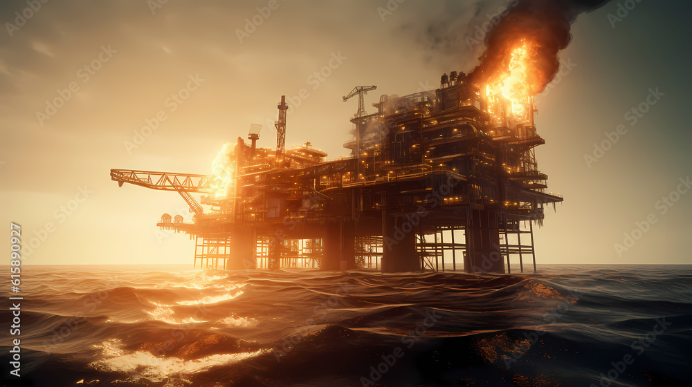 Oil rig burning, Gas fire explosion on at sea water, sunset light ...