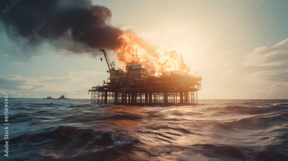 Oil rig burning, Gas fire explosion on at sea water, sunset light ...