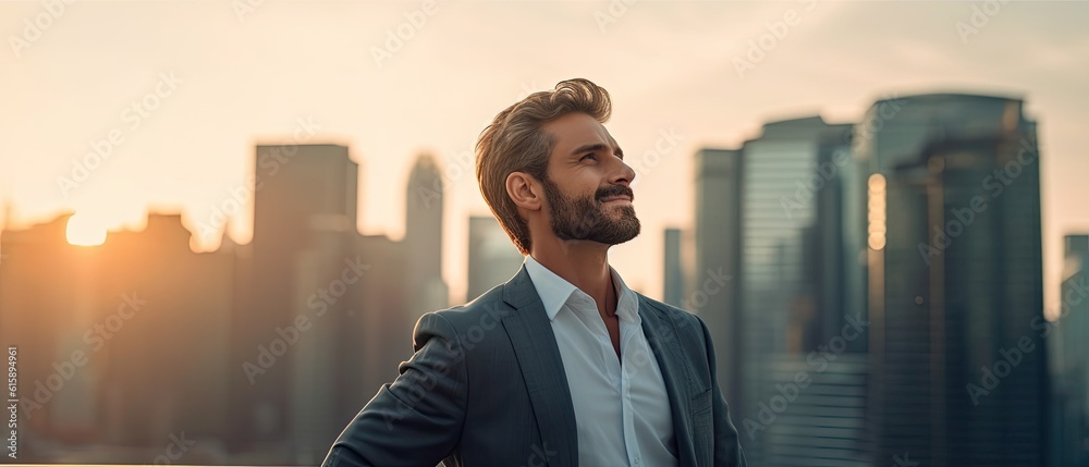 Happy wealthy rich successful business man standing in big city modern ...