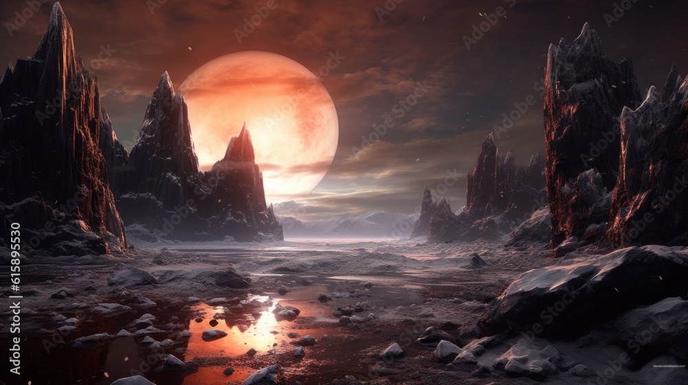 The eerie expanse of an alien planet, bathed in darkness, where ...