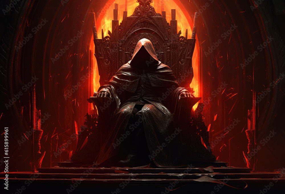 Man in hood sitting on royal throne in dark castle hall. Fantasy ...