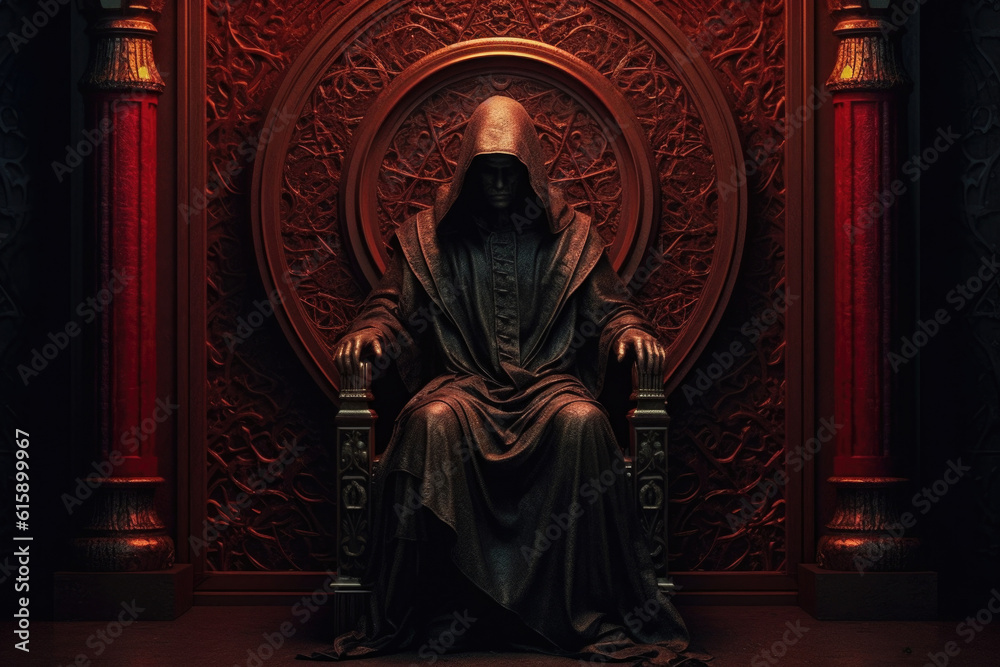 Man in hood sitting on royal throne in dark castle hall. Fantasy ...