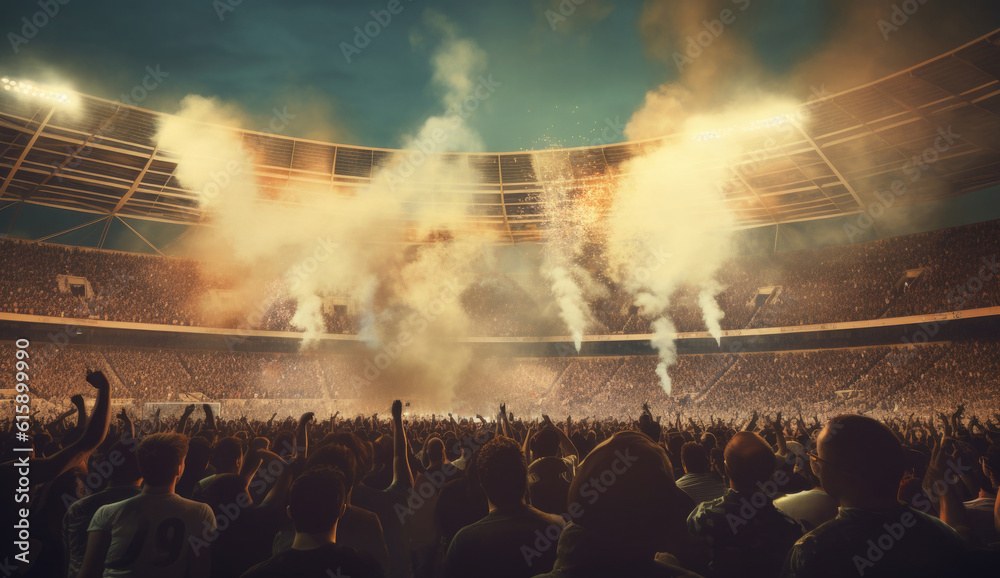 Fans at stadium are burning flares and smoke bombs. Football stadium ...