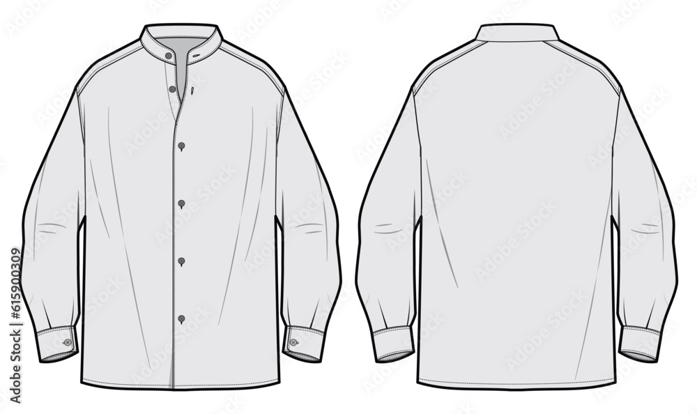 Men's Band Collar Long Sleeve Shirt Front and Back View. Fashion Flat ...