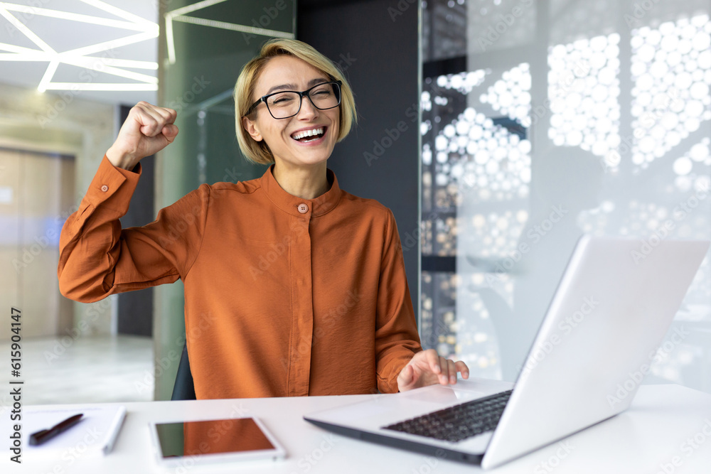 Portrait of successful satisfied woman inside office at work, business ...