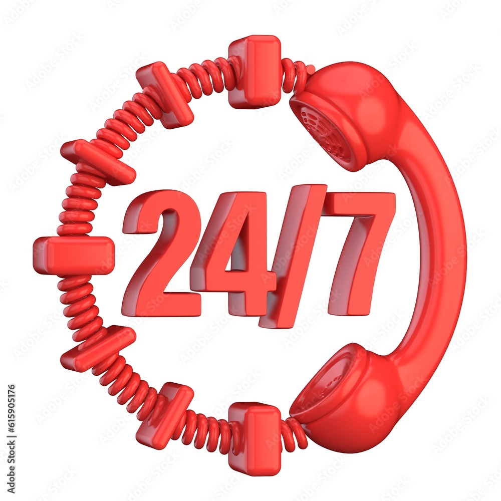 Red 24 hours a day and 7 days a week sign. 3D render illustration ...
