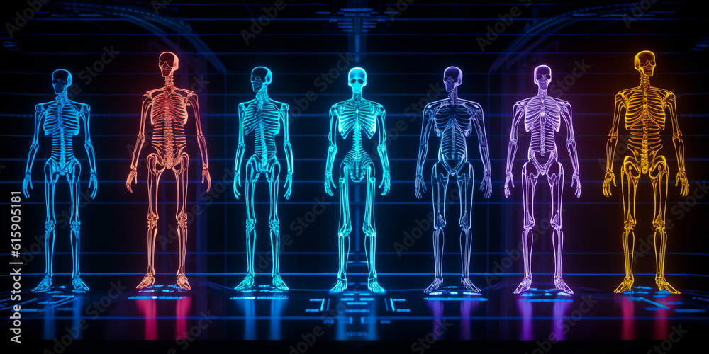Innovative image of glowing neon human silhouettes with visible organs ...