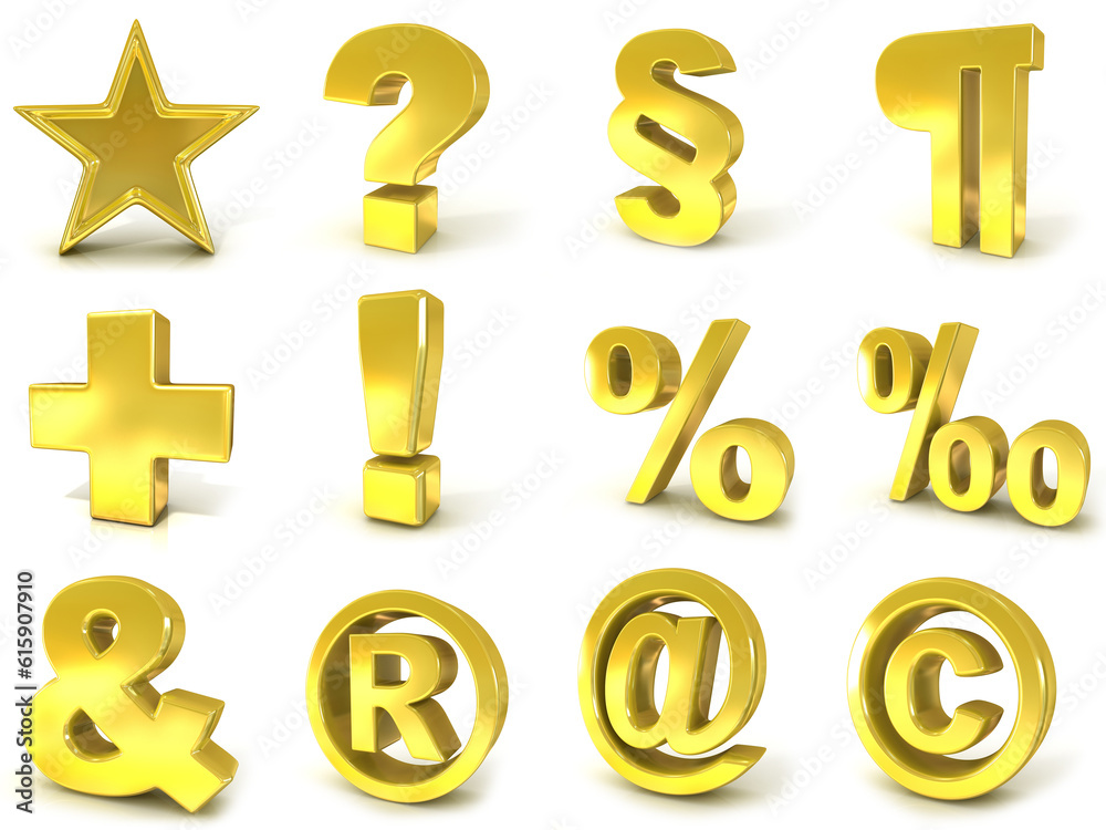 3D golden signs and symbols render illustration isolated on white ...