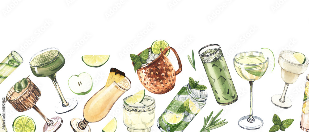 Watercolor frame, cocktail glasses: martini, gin,margarita,mojito ...