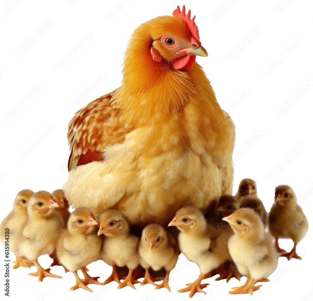 Brown chicken together with baby chicks isolated on white background as ...