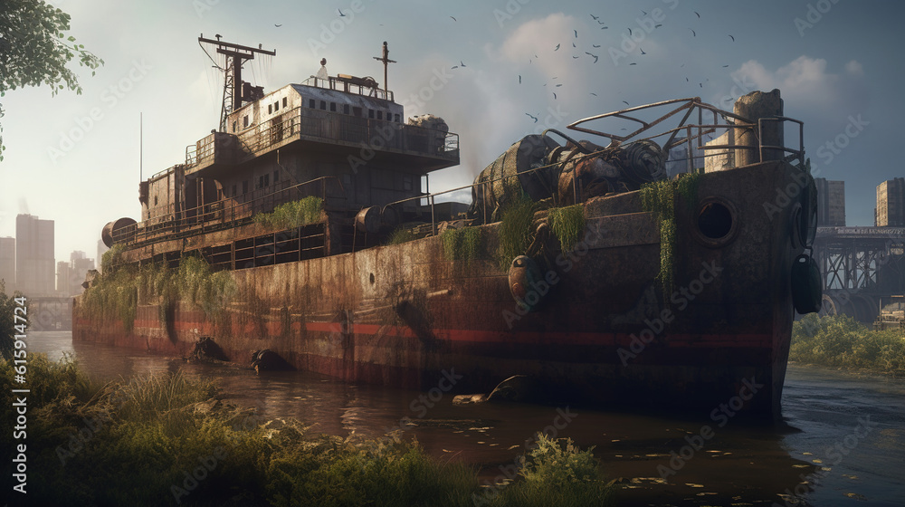 Abandoned shipwreck, wreck of old rusty ship or boat after post ...