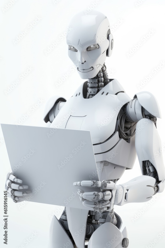 Human white robot holding white paper. White anthropomorphic robot ...