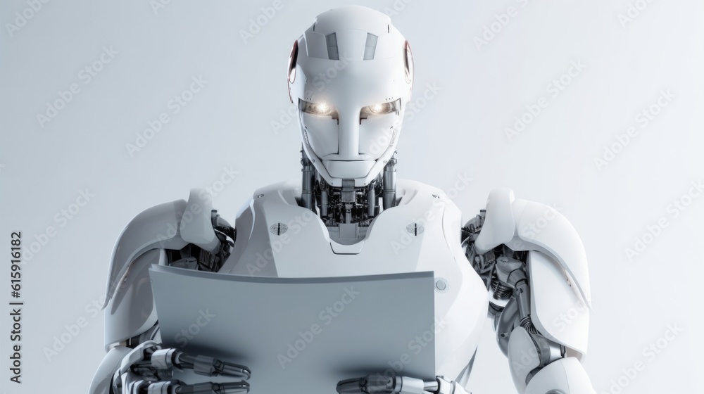 Human white robot holding white paper. White anthropomorphic robot ...