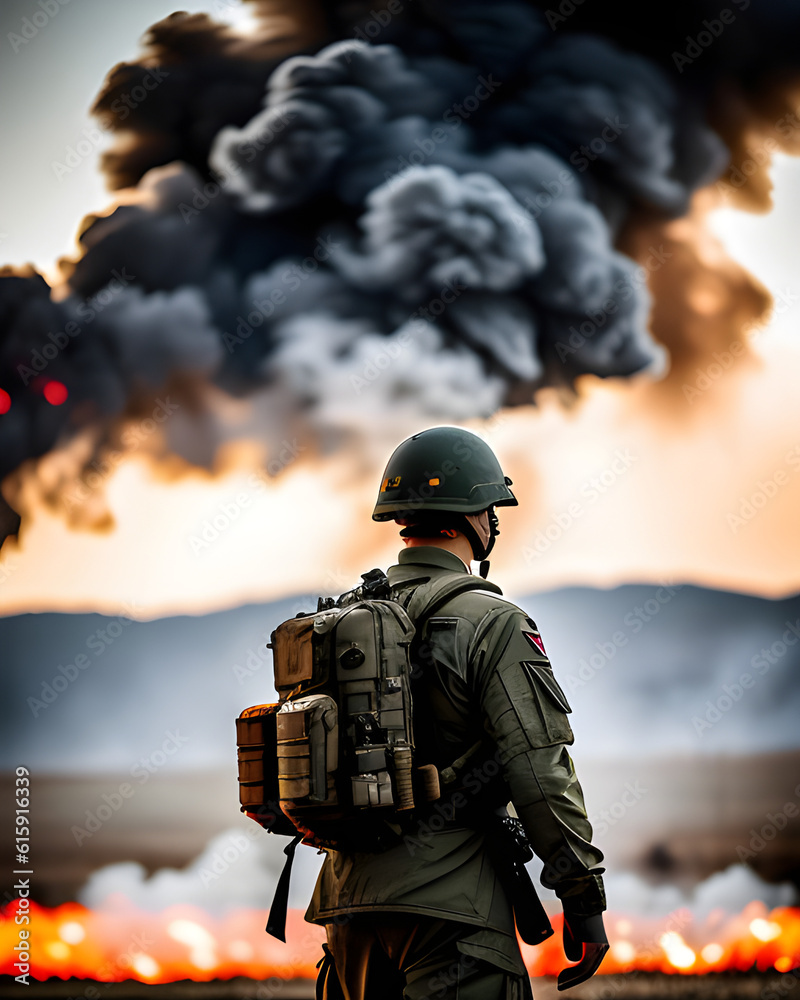 soldat vor fatalen flamenmeer flammen brand explosion krieg war ...