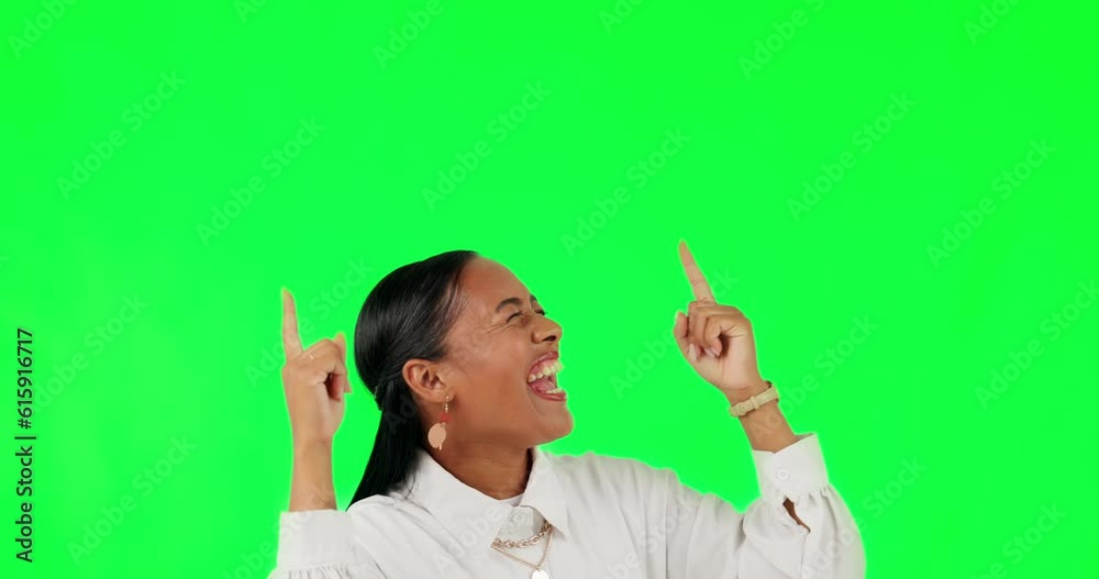 Happy woman, pointing up and applause in winning on green screen for ...