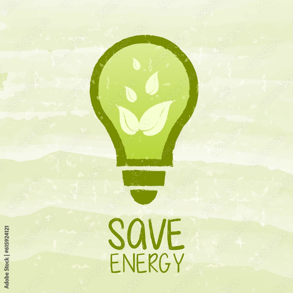 save energy and bulb symbol with leaf - text and sign over green grunge ...