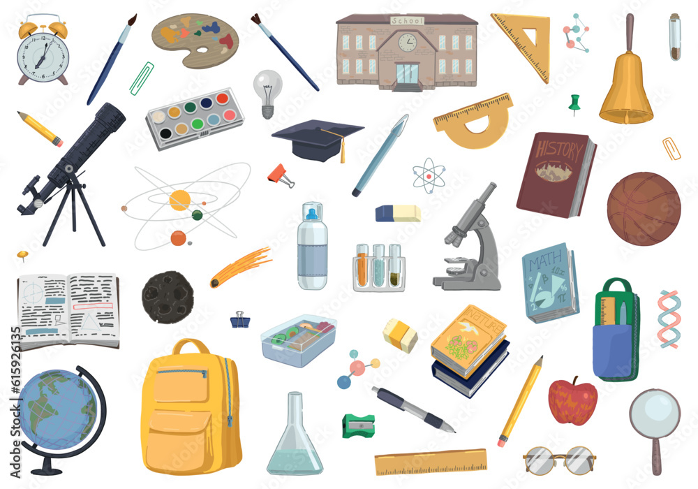 School attributes doodles collection. Set of textbooks, laboratory and ... School attributes doodles collection. Set of textbooks, laboratory and ...