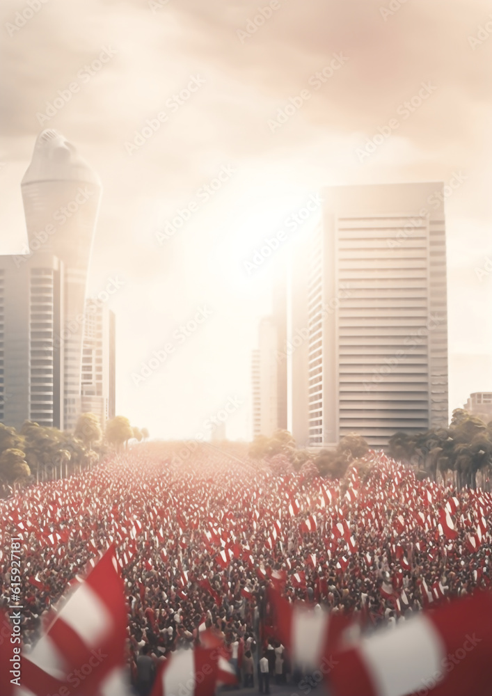people crowd celebrating independence day holding flag of Indonesia ...