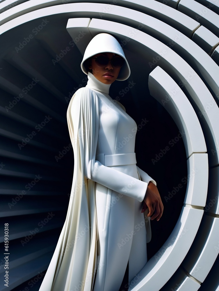 Full body shot model in a futuristic, minimalist wearing a cutting edge ...