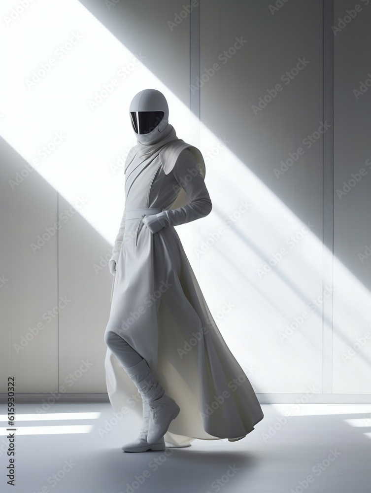 Full body shot model in a futuristic, minimalist wearing a cutting edge ...