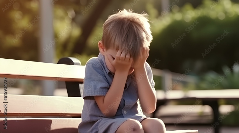 Crestfallen crying child boy sitting on a bench covering his face ...
