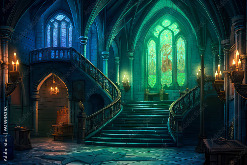Gothic medieval castle interior, fantasy, stone stairs, arches, windows ...