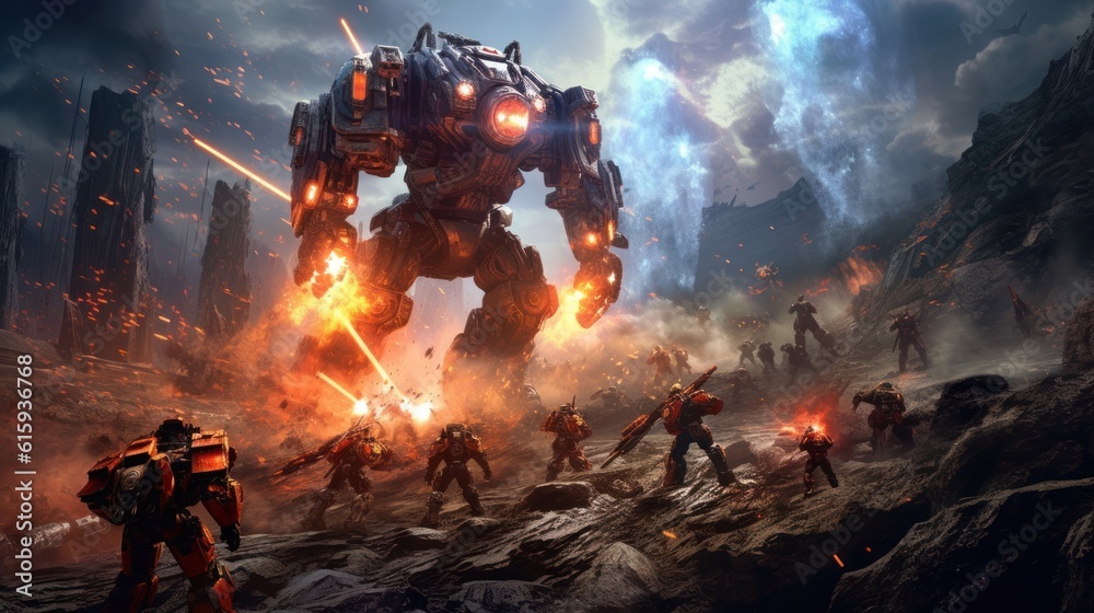 Epic clash between colossal mechs in a war - torn landscape, with ...